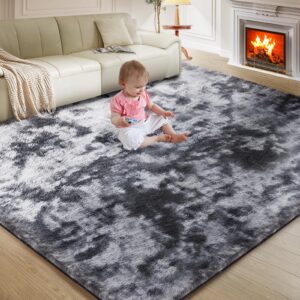 luxury shag area rug, 5x8 ft indoor ultra soft plush rugs for living room, carpet for teens dorm nursery home decor aesthetic, upgrade anti-skid durable, tie dye black and grey