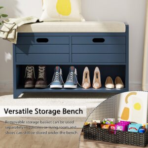 ROOMTEC 32" Storage Bench for Entryway, Shoe Bench with Storage Removable Basket and 2 Drawers, Entryway Bench with Shoe Storage, Entryway Storage for Hallway, Mudroom and Living Room, Navy