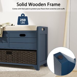 ROOMTEC 32" Storage Bench for Entryway, Shoe Bench with Storage Removable Basket and 2 Drawers, Entryway Bench with Shoe Storage, Entryway Storage for Hallway, Mudroom and Living Room, Navy