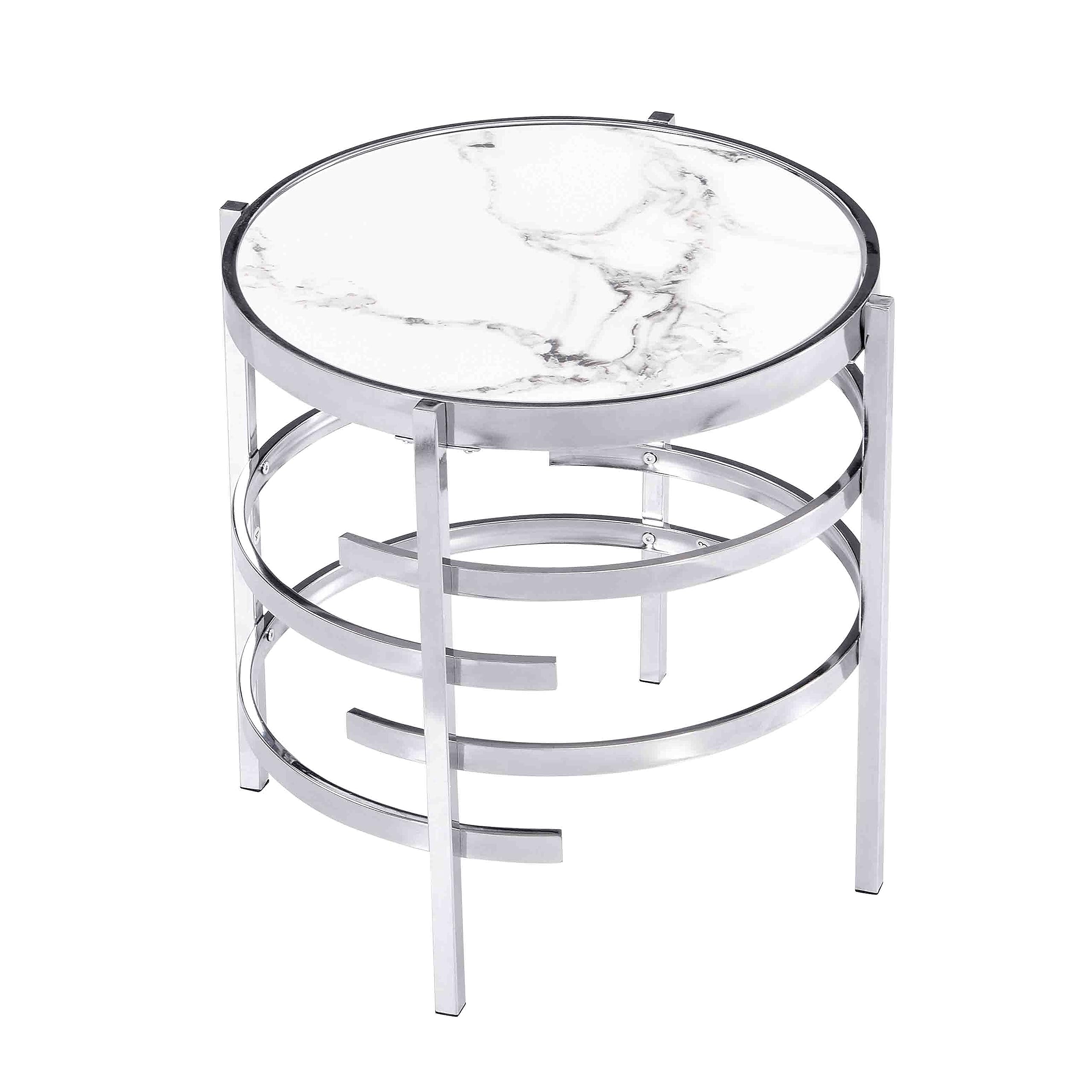 Round End Table Marble Stone Living Room Table Silver Modern Small Coffee Table Sofa Side Table, Silver Chrome Metal Frame, Furniture for Home Office (end table, Silver)