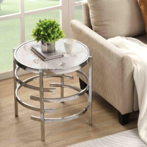 round end table marble stone living room table silver modern small coffee table sofa side table, silver chrome metal frame, furniture for home office (end table, silver)