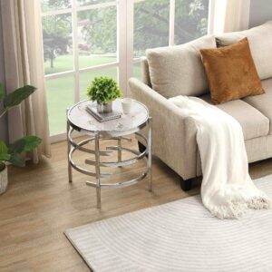 Round End Table Marble Stone Living Room Table Silver Modern Small Coffee Table Sofa Side Table, Silver Chrome Metal Frame, Furniture for Home Office (end table, Silver)