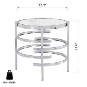 Round End Table Marble Stone Living Room Table Silver Modern Small Coffee Table Sofa Side Table, Silver Chrome Metal Frame, Furniture for Home Office (end table, Silver)