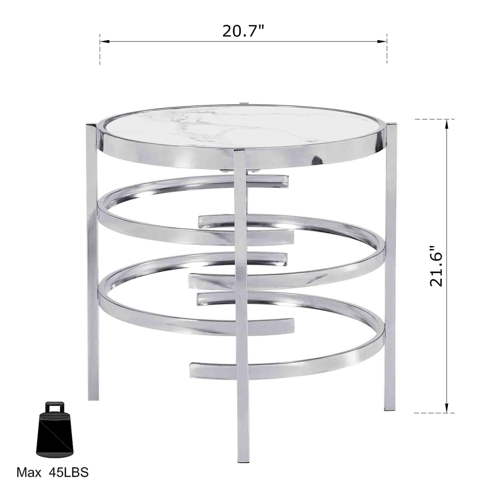 Round End Table Marble Stone Living Room Table Silver Modern Small Coffee Table Sofa Side Table, Silver Chrome Metal Frame, Furniture for Home Office (end table, Silver)