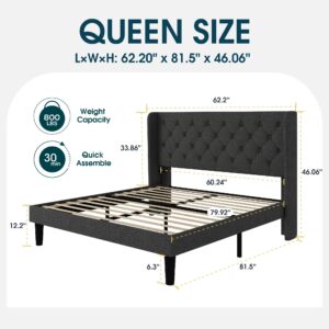 WEEWAY Queen Upholstered Bed Frame with Tufted Wingback Headboard，Modern Platform Bed with Wooden Slats Support - Easy Assembly, Non-Slip and Noise-Free - Dark Gray