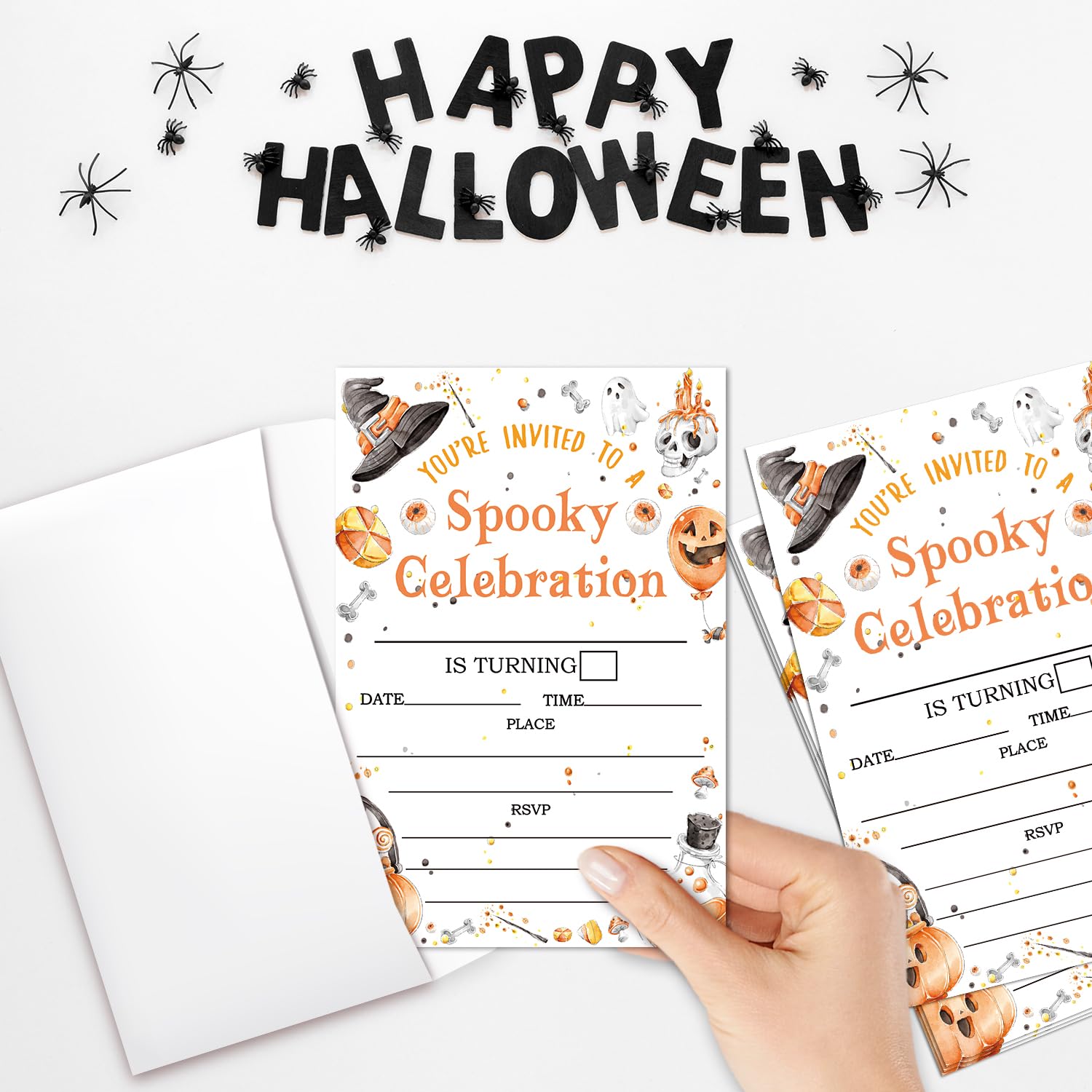 EUFJDKSL Halloween or Costume Party Invitations Pumpkin Ghost Monster Cute Trick or Treat Box or Treat for Kids Halloween Birthday Party or Adult Party 25 Fill-in Cards with Envelopes - 4"X6" (HM415)