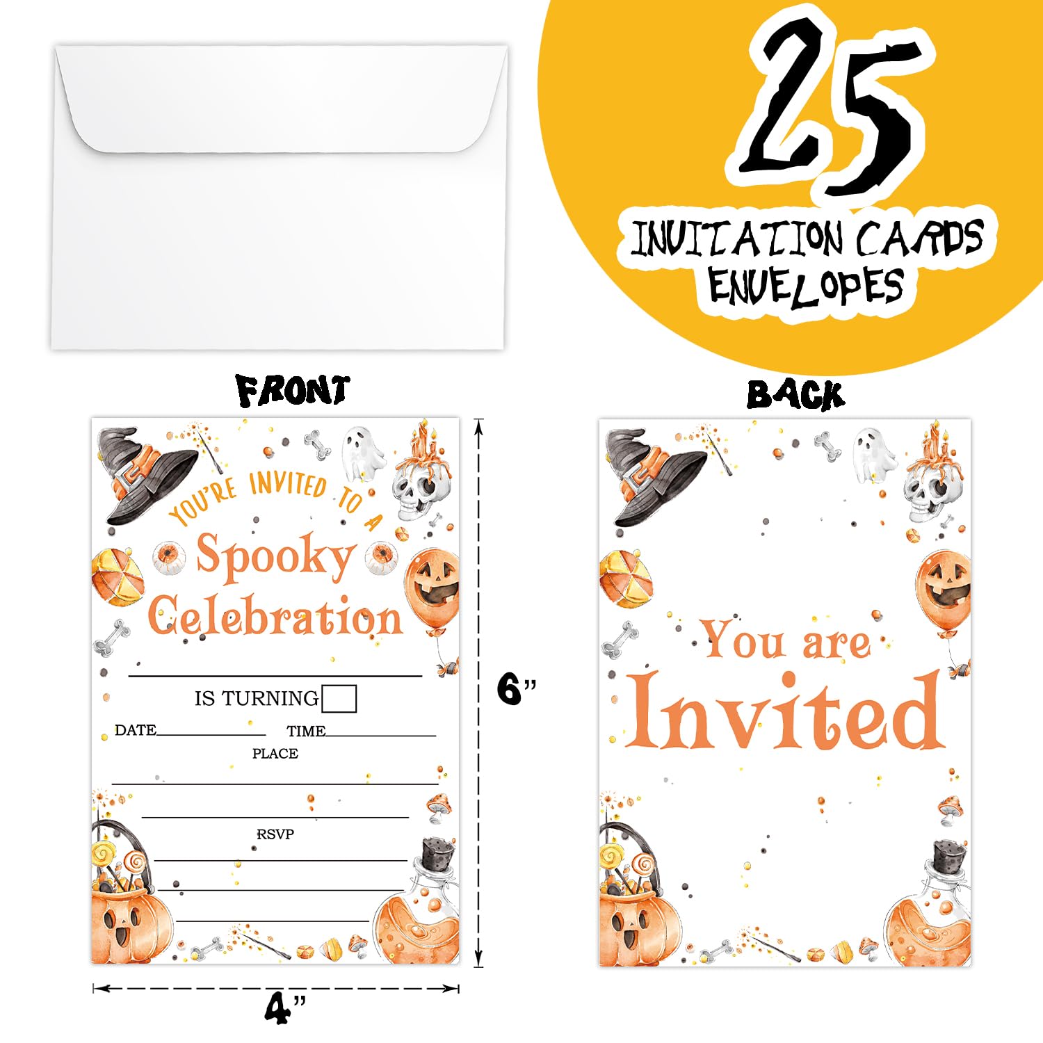 EUFJDKSL Halloween or Costume Party Invitations Pumpkin Ghost Monster Cute Trick or Treat Box or Treat for Kids Halloween Birthday Party or Adult Party 25 Fill-in Cards with Envelopes - 4"X6" (HM415)