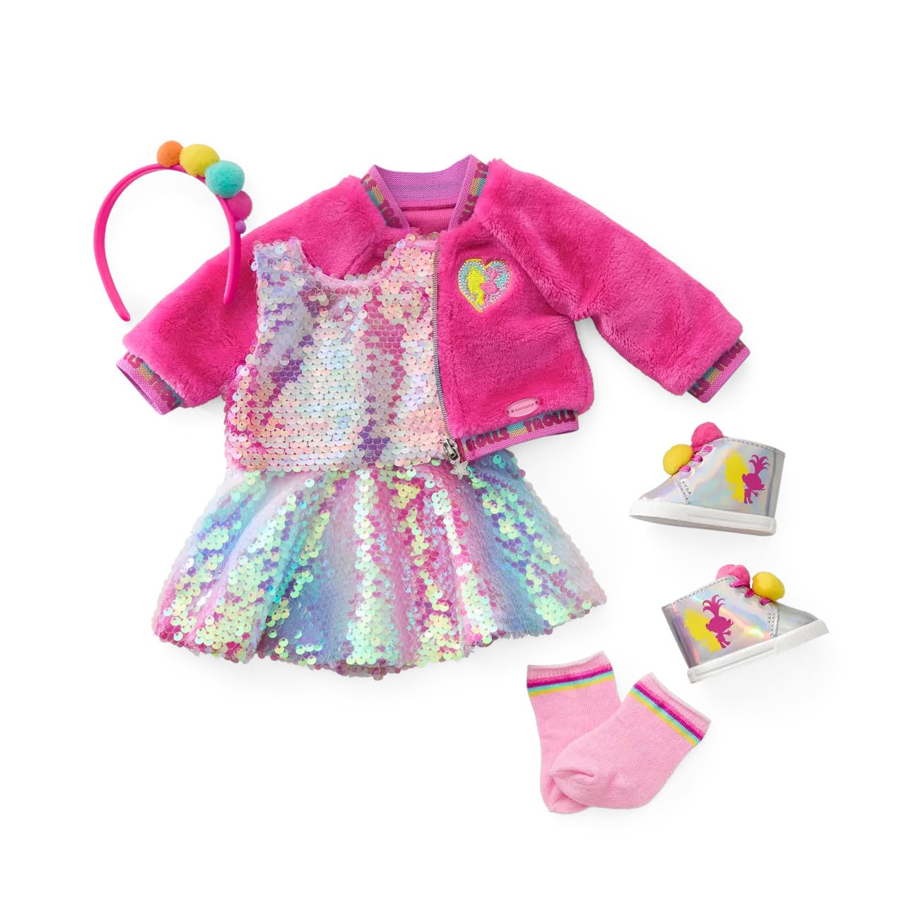 American Girl x DreamWorks Trolls Truly Me 18-inch Doll Clothes Fuzzy Fuchsia Sparkle Outfit with Jacket, 7 pcs, Ages 6+