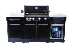 mont alpi ma-957fc 5-burner 63000 btu black stainless steel outdoor kitchen bar gas barbecue island grill with infrared rear burner + fridge cabinet + rotisserie kit & full weather cover