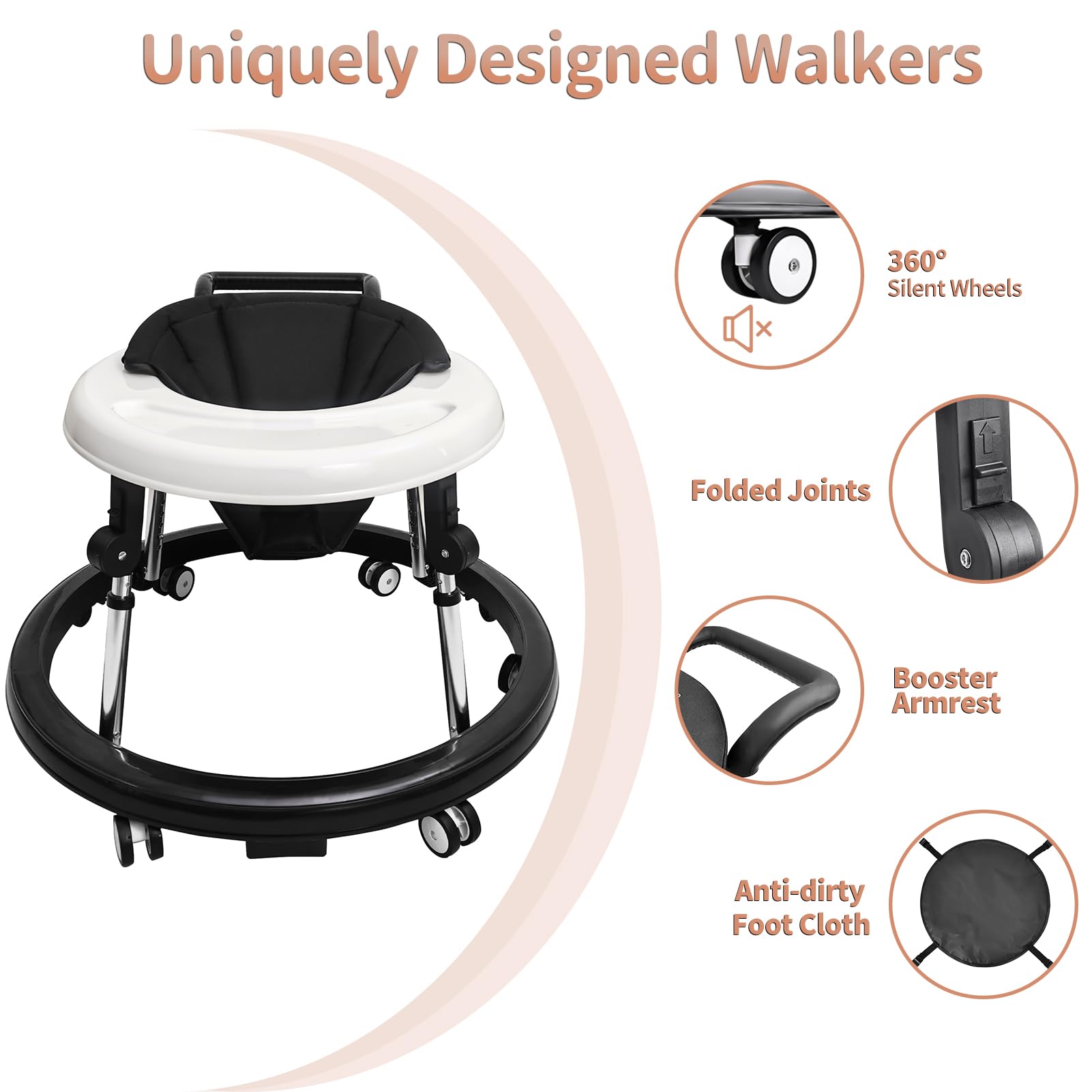 Baby Walker, 9-Gear Height Adjustable Baby Walker with Wheels, Foldable Infant Toddler Walker with Foot Pads, Baby Walkers and Activity Center for Baby Boys and Baby Girls 6-24 Months