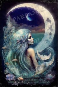 home decor garden decor oil paint printing - the moon mermaid, watercolour modern pictures fashion craft birthdays gifts for friends 12x16in unframed