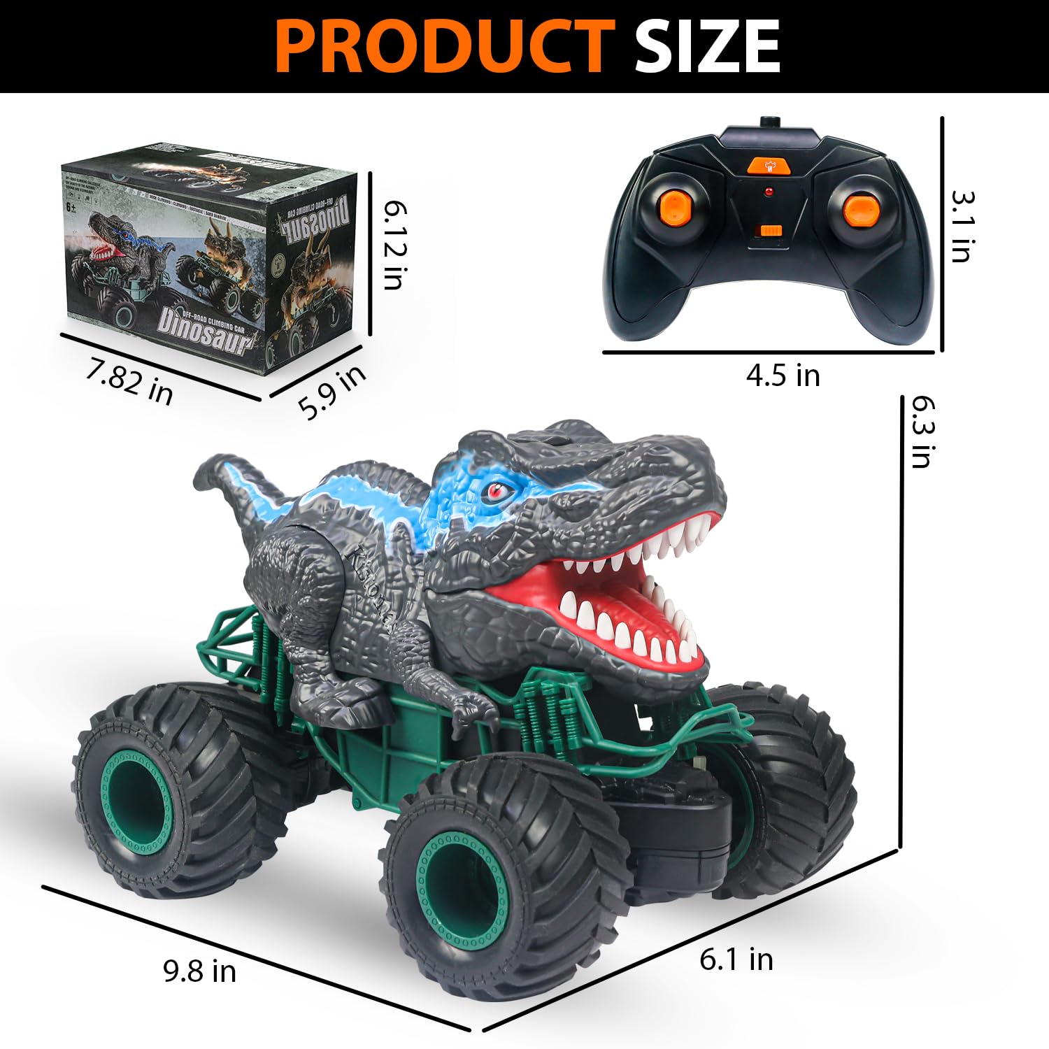 ZDCZ Remote Control Dinosaur Car, 2.4GHz RC Monster Truck Toys for Boys, Dinosaur Toys with Light, Sound & Spray, Indoor Outdoor All Terrain Electric Hobby RC Car Toys for 3 4 5 6 7 8-12 Kids