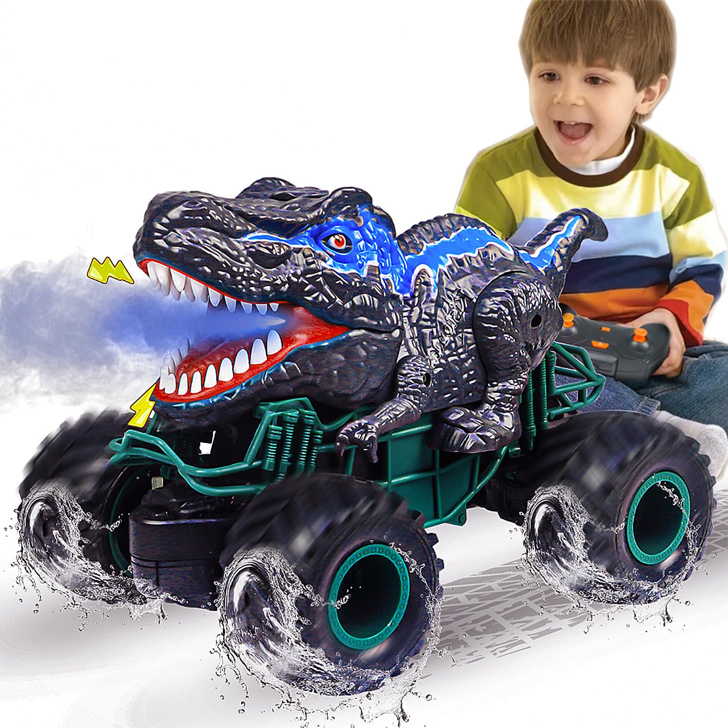 ZDCZ Remote Control Dinosaur Car, 2.4GHz RC Monster Truck Toys for Boys, Dinosaur Toys with Light, Sound & Spray, Indoor Outdoor All Terrain Electric Hobby RC Car Toys for 3 4 5 6 7 8-12 Kids