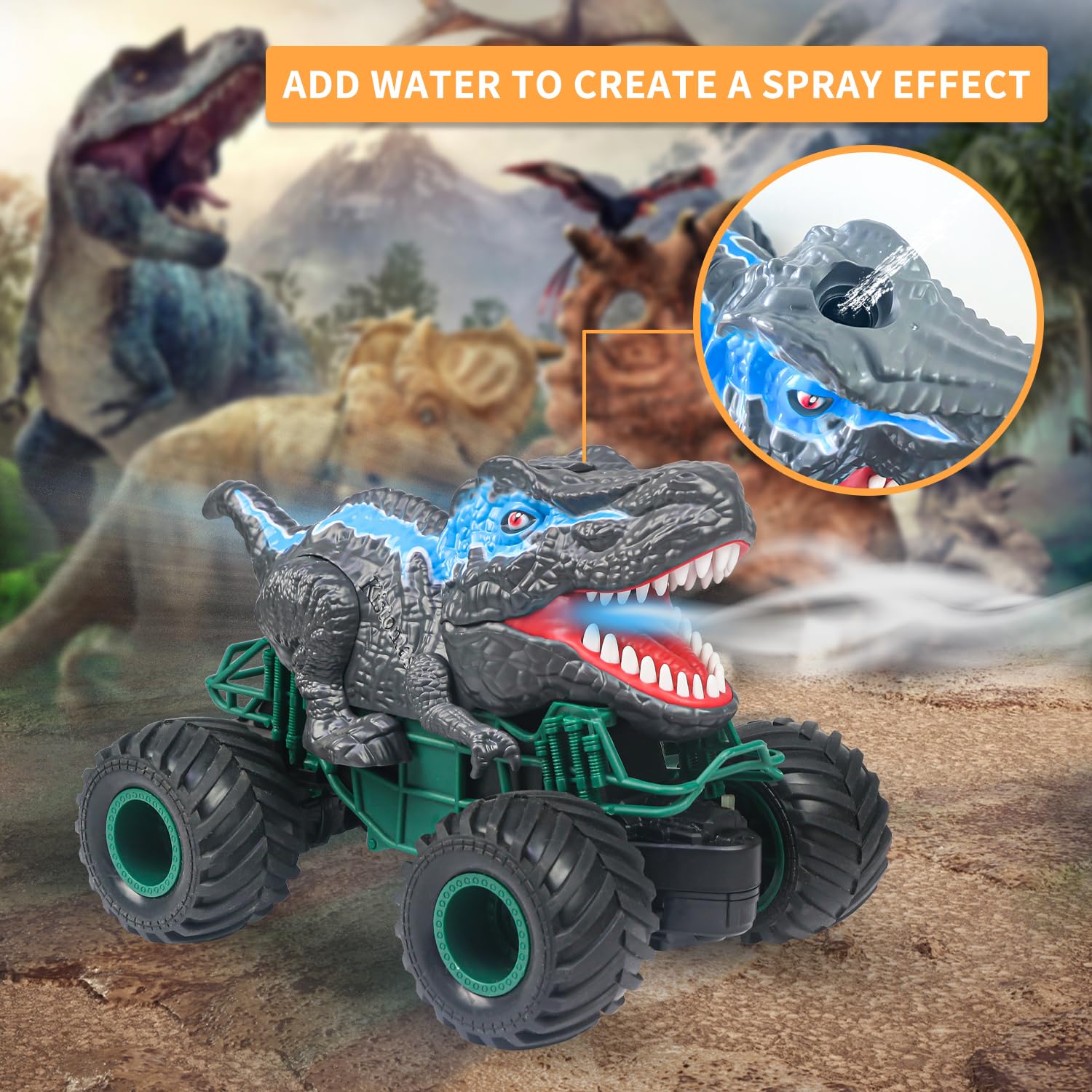 ZDCZ Remote Control Dinosaur Car, 2.4GHz RC Monster Truck Toys for Boys, Dinosaur Toys with Light, Sound & Spray, Indoor Outdoor All Terrain Electric Hobby RC Car Toys for 3 4 5 6 7 8-12 Kids