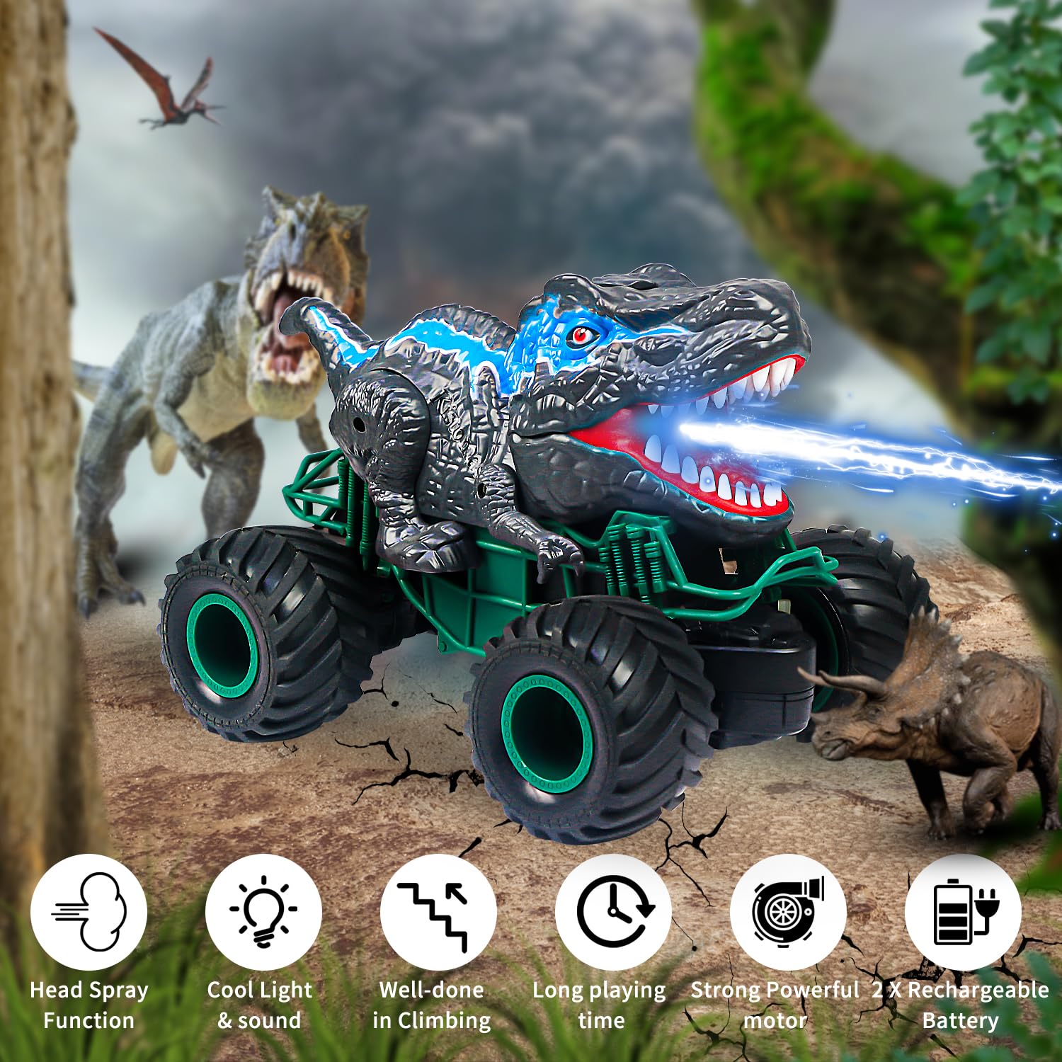 ZDCZ Remote Control Dinosaur Car, 2.4GHz RC Monster Truck Toys for Boys, Dinosaur Toys with Light, Sound & Spray, Indoor Outdoor All Terrain Electric Hobby RC Car Toys for 3 4 5 6 7 8-12 Kids