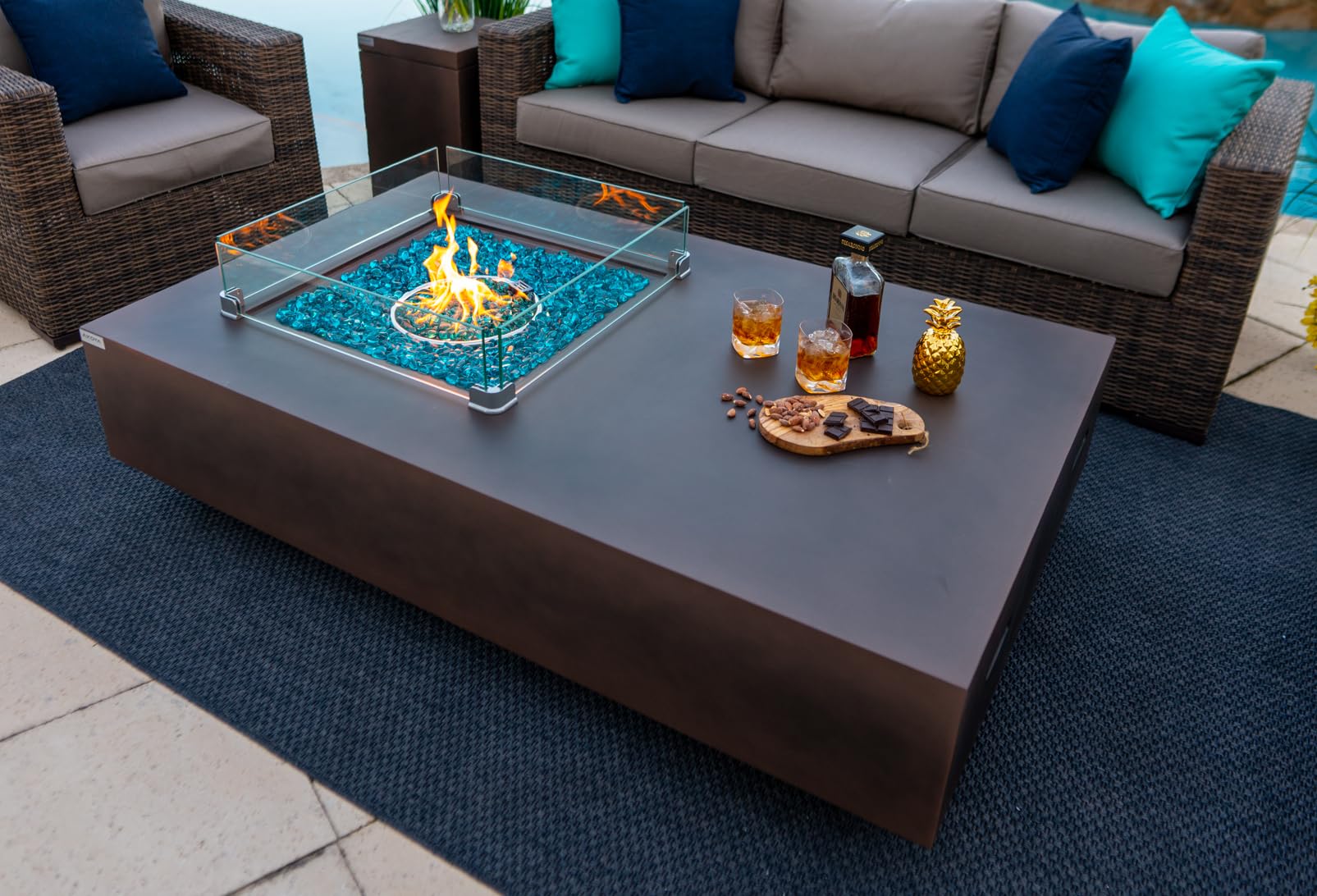 65" Rectangular Concrete Gas Fire Pit Table with Glass Guard and Fire Glass (Espresso Brown)