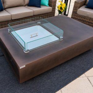 65" Rectangular Concrete Gas Fire Pit Table with Glass Guard and Fire Glass (Espresso Brown)