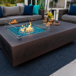 65" Rectangular Concrete Gas Fire Pit Table with Glass Guard and Fire Glass (Espresso Brown)