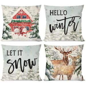 pandicorn christmas pillow covers 20x20 set of 4 hello winter wonderland forest reindeer farmhouse rustic christmas decorations christmas pillows decorative throw pillows cases holiday decor for couch