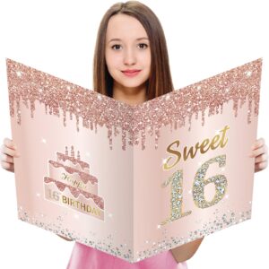 large sweet 16 birthday card with envelope, jumbo happy 16th birthday card gifts for girl, extra big 16 birthday guest book greeting cards party supplies，pink rose gold giant sixteen year birthday