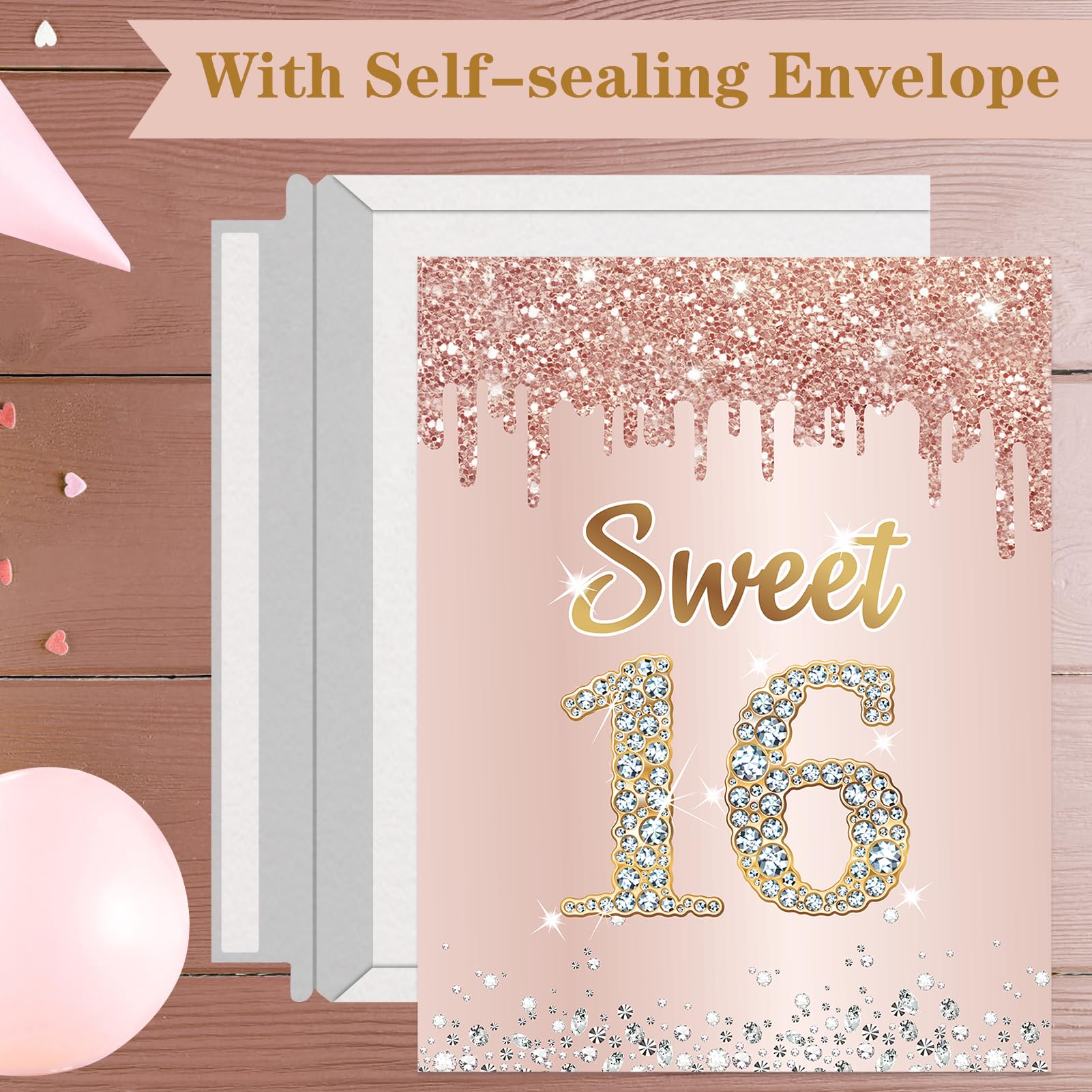 Large Sweet 16 Birthday Card with Envelope, Jumbo Happy 16th Birthday Card Gifts for Girl, Extra Big 16 Birthday Guest Book Greeting Cards Party Supplies，Pink Rose Gold Giant Sixteen Year Birthday