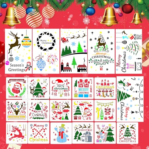 22 Sets Christmas Painting Templates Handbook Decoration DIY Skeleton Painting Stencils Reusable Airbrush Stencils Santa Tree Deer Snowman Snowflake Elements Wooden Wall Home Decor Painting