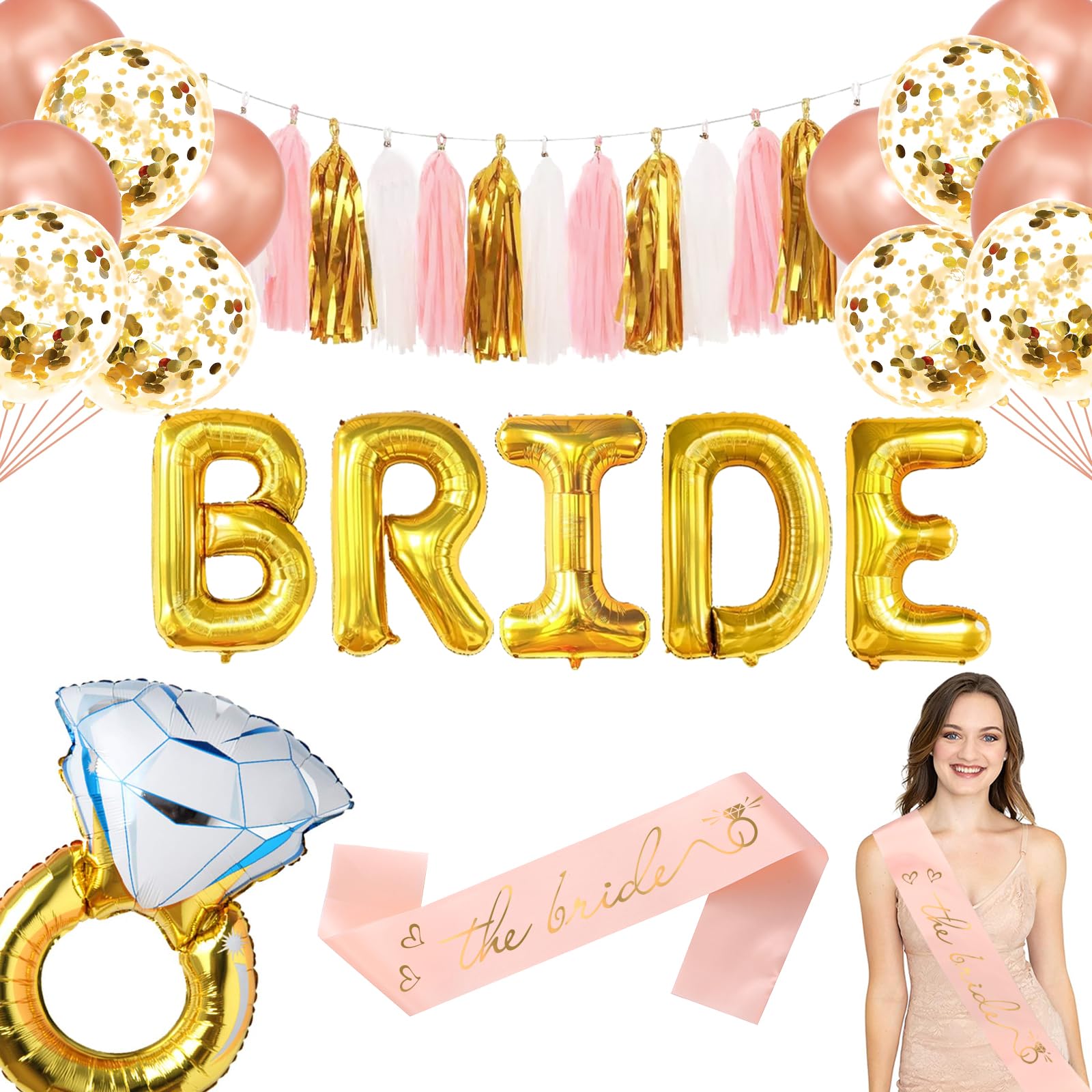 SKJIAYEE Bachelorette Party Decorations Kits-Rose Gold Bridal Shower Party Supplies including The Bride Sash,Tassel Garland Banner, Diamond Ring Balloons, Bride Foil Balloons, Confetti Latex Balloons