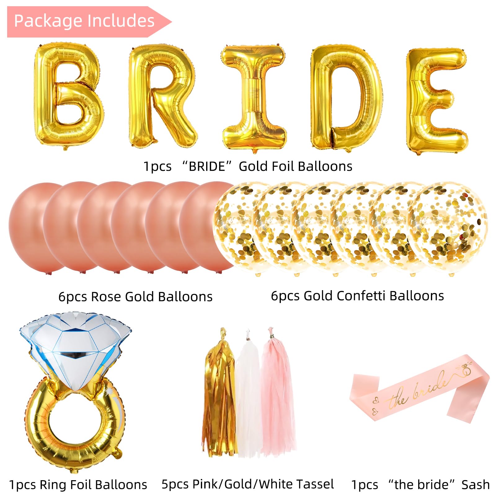 SKJIAYEE Bachelorette Party Decorations Kits-Rose Gold Bridal Shower Party Supplies including The Bride Sash,Tassel Garland Banner, Diamond Ring Balloons, Bride Foil Balloons, Confetti Latex Balloons