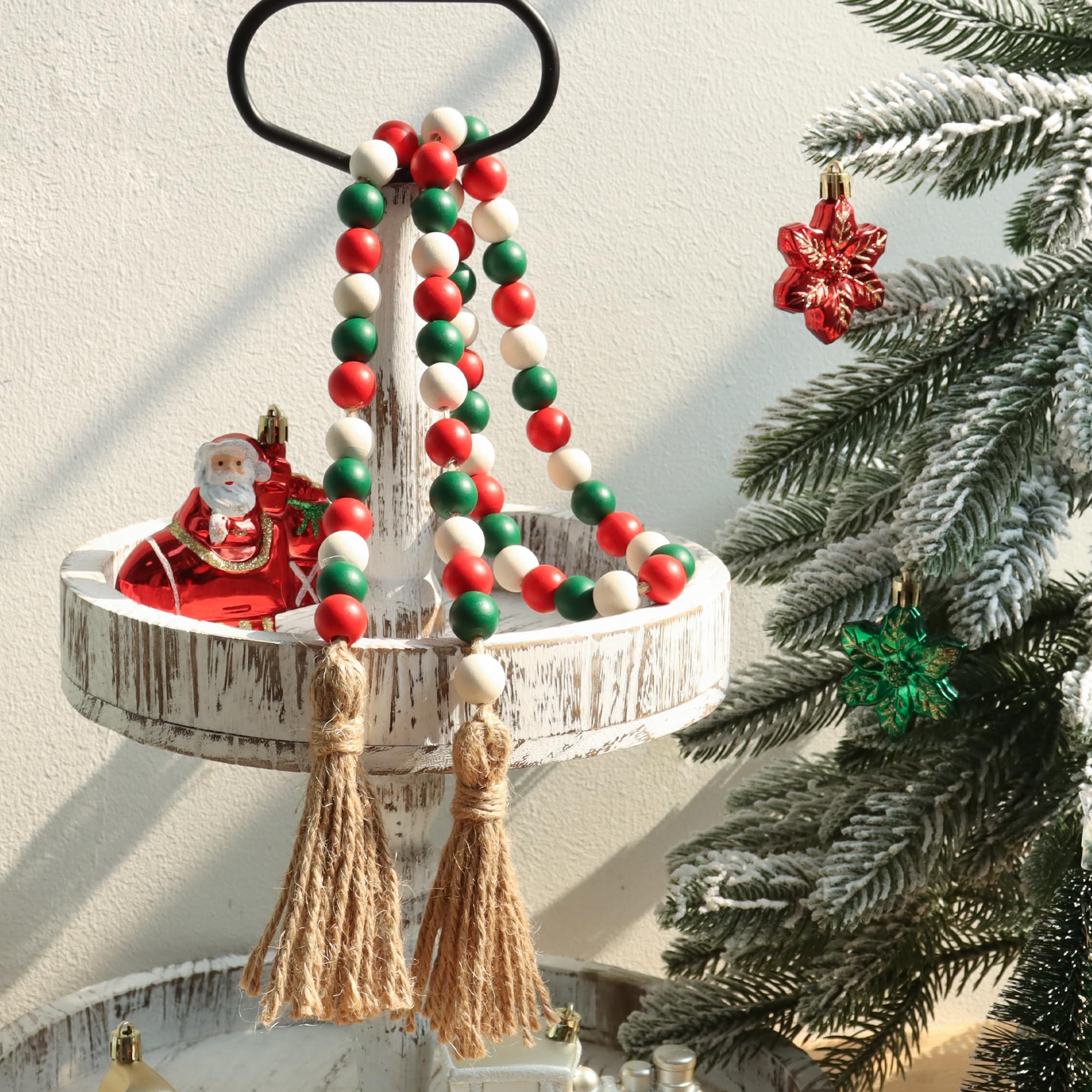 Christmas Wood Bead Garland,39in Farmhouse Beads with Tassels Christmas Tiered Tray Decor Wall Hanging Home Ornaments for Christmas Tree Decorations