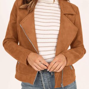 PRETTYGARDEN Womens Winter Faux Suede Motorcycle Jacket Long Sleeve Zipper Pockets Short Coat Y2K Fashion Dressy Outerwear (Brown,X-Large)