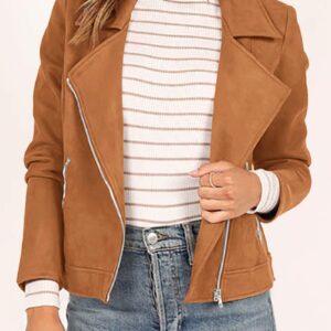 PRETTYGARDEN Womens Winter Faux Suede Motorcycle Jacket Long Sleeve Zipper Pockets Short Coat Y2K Fashion Dressy Outerwear (Brown,X-Large)