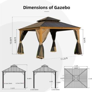 12'x12' Hardtop Gazebo, Wooden Coated Aluminum Frame Canopy with Galvanized Steel Double Roof, Outdoor Permanent Metal Pavilion with Curtains and Netting for Patio, Deck and Lawn(Wood-Looking)