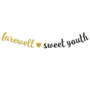 maicaiffe farewell sweet youth banner - old english birthday party decor - 30th 40th 50th 60th birthday party decorations, gold black glitter