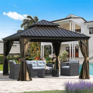 12'x12' hardtop gazebo, outdoor aluminum frame canopy with galvanized steel double roof, outdoor permanent metal pavilion with curtains and netting for patio, backyard and lawn(brown)