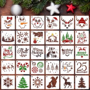 3inch christmas stencils for painting on wood,30pcs small christmas stencil xmas holiday templates for christmas tree cookie tiered tray coffee latte gift tags decor（square 3inch）