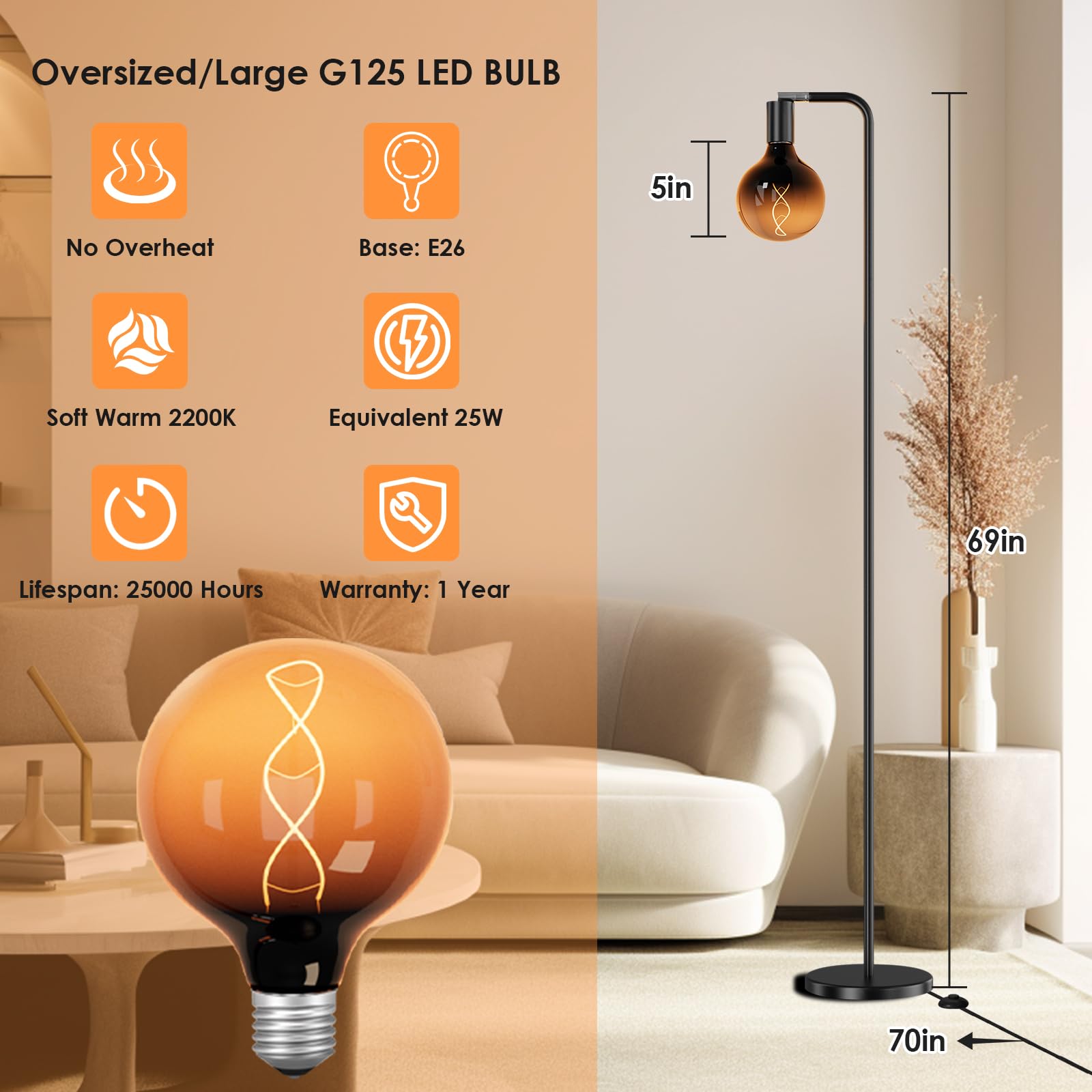 YIKBIK Modern Floor Lamps with Light Bulb, Industrial Floor Lamp for Living Room 5" Light Bulb 69" Tall Bright Warm White Standing Lamp, E26 Socket, On/Off Foot Switch for Office Bedroom