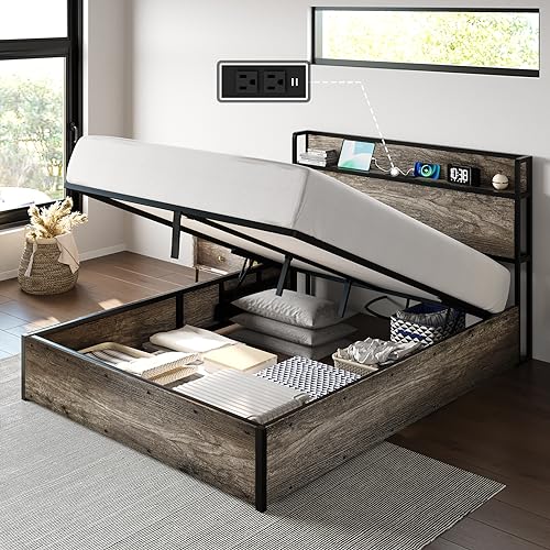 AMERLIFE Queen Size Lift Up Storage Bed Frame, Wooden Platform Bed Frame with Lifting Storage & Charging Station, No Spring Box Needed/Noise Free, Rustic Grey