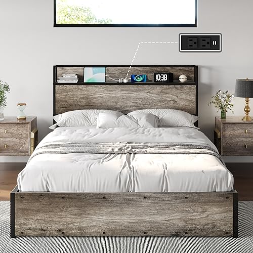 AMERLIFE Queen Size Lift Up Storage Bed Frame, Wooden Platform Bed Frame with Lifting Storage & Charging Station, No Spring Box Needed/Noise Free, Rustic Grey