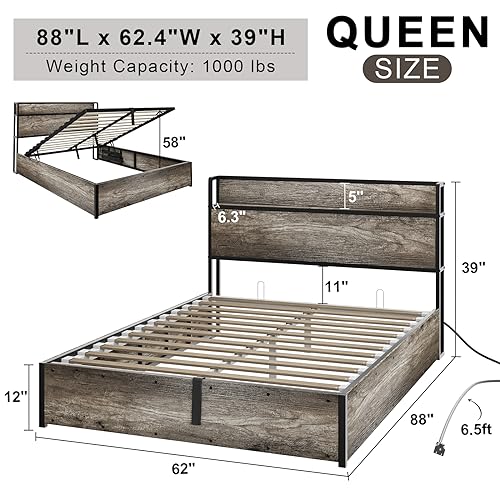 AMERLIFE Queen Size Lift Up Storage Bed Frame, Wooden Platform Bed Frame with Lifting Storage & Charging Station, No Spring Box Needed/Noise Free, Rustic Grey