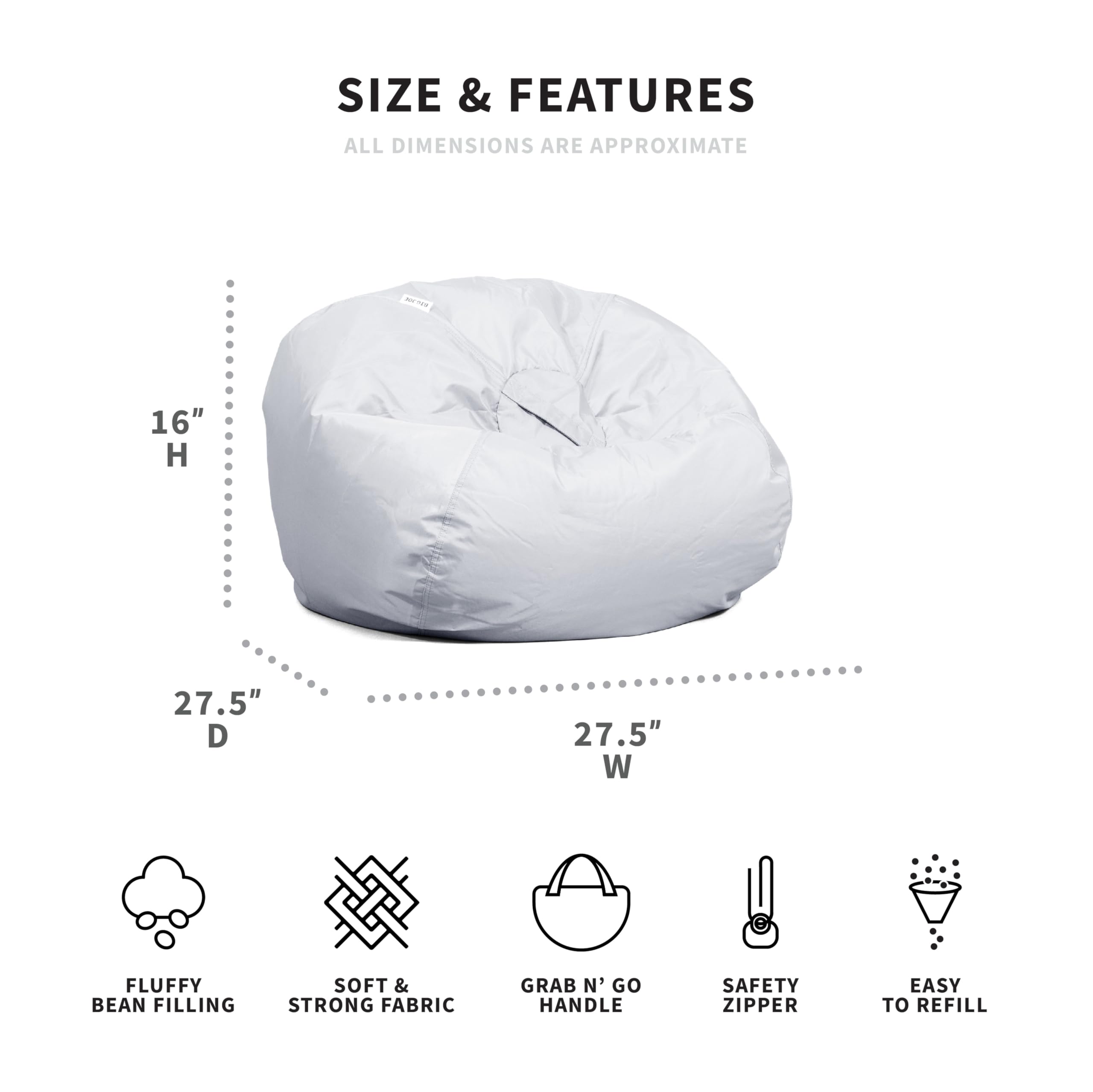 Big Joe Classic Bean Bag Chair, Gray Smartmax, Durable Polyester Nylon Blend, 2 feet Round