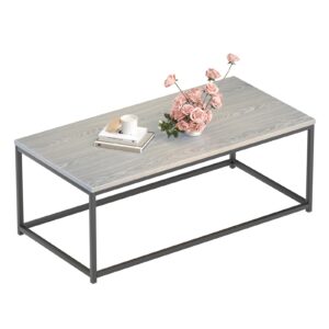 our modern space modern industrial style rectangular coffee table for living room, bedroom - rustic accent minimalistic furniture with wood grain top & metal frame - center tv table - grey