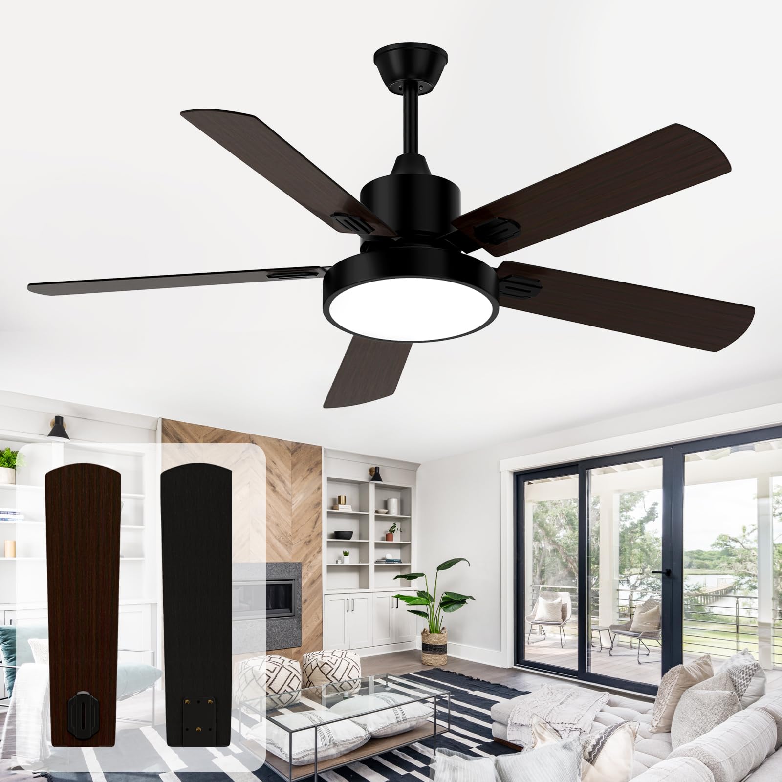 Obabala Ceiling Fans with Lights and Remote, Outdoor/Indoor Black Fan with Lights for Patio Bedroom Living Room，52 Inch