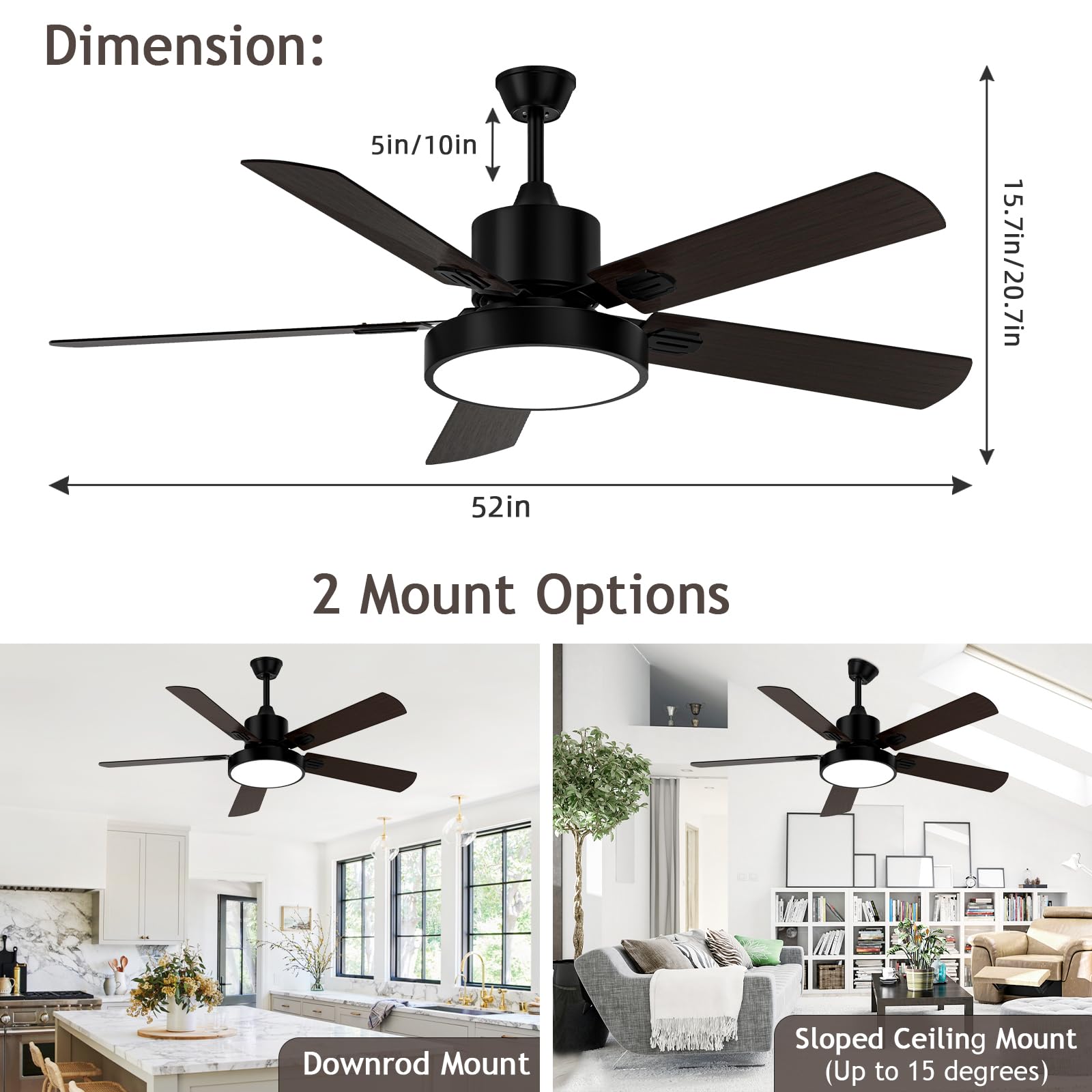 Obabala Ceiling Fans with Lights and Remote, Outdoor/Indoor Black Fan with Lights for Patio Bedroom Living Room，52 Inch