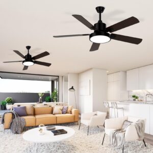 Obabala Ceiling Fans with Lights and Remote, Outdoor/Indoor Black Fan with Lights for Patio Bedroom Living Room，52 Inch