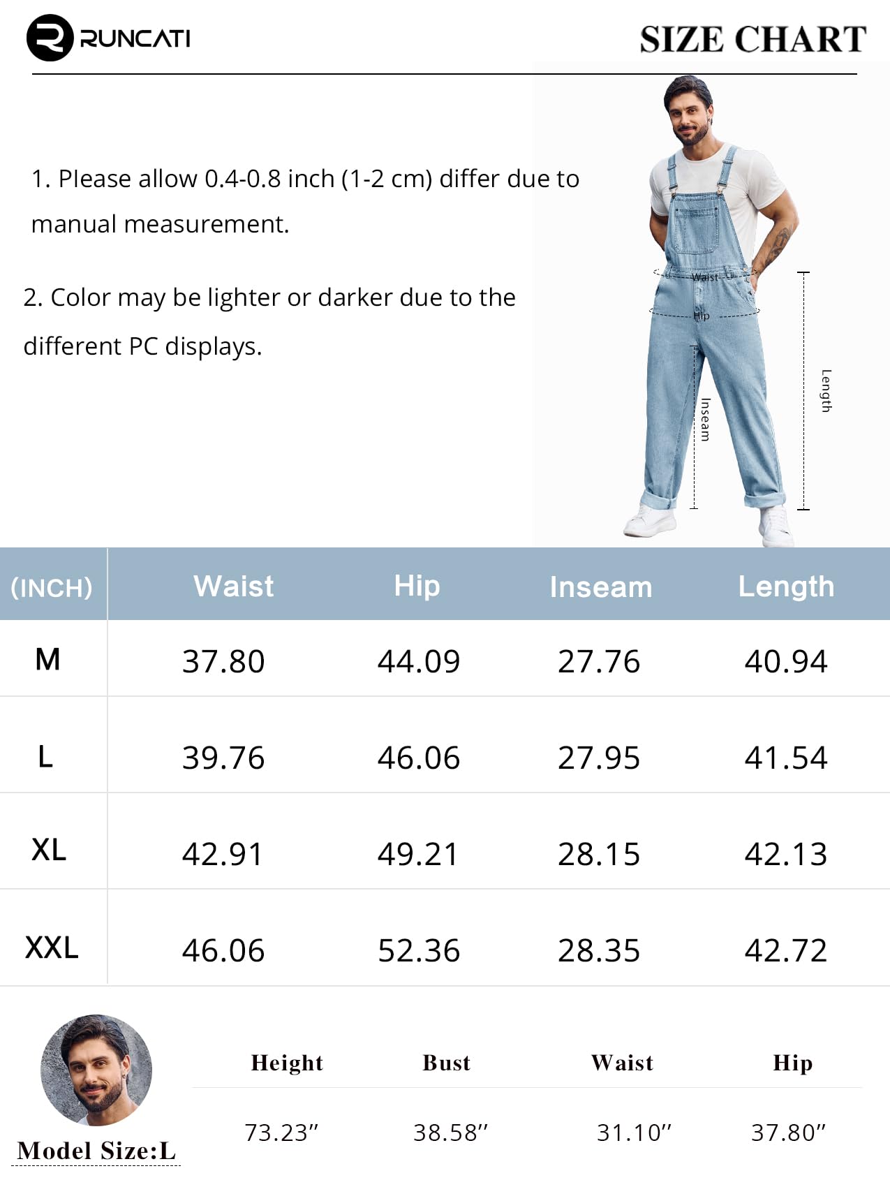 Runcati Men's Denim Bib Overalls Jeans Fashion Boot Cut Trousers Casual Slim Fit Adjustable Straps Jumpsuit (US, Alpha, X-Large, Regular, Regular, Navy Blue)