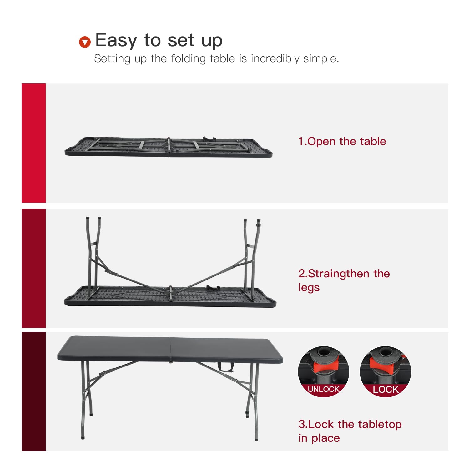 PayLessHere Folding Tables Plastic 6ft Folding Table Half Portable Foldable Table for for Parties Wedding BBQ Camping, Black 6FT