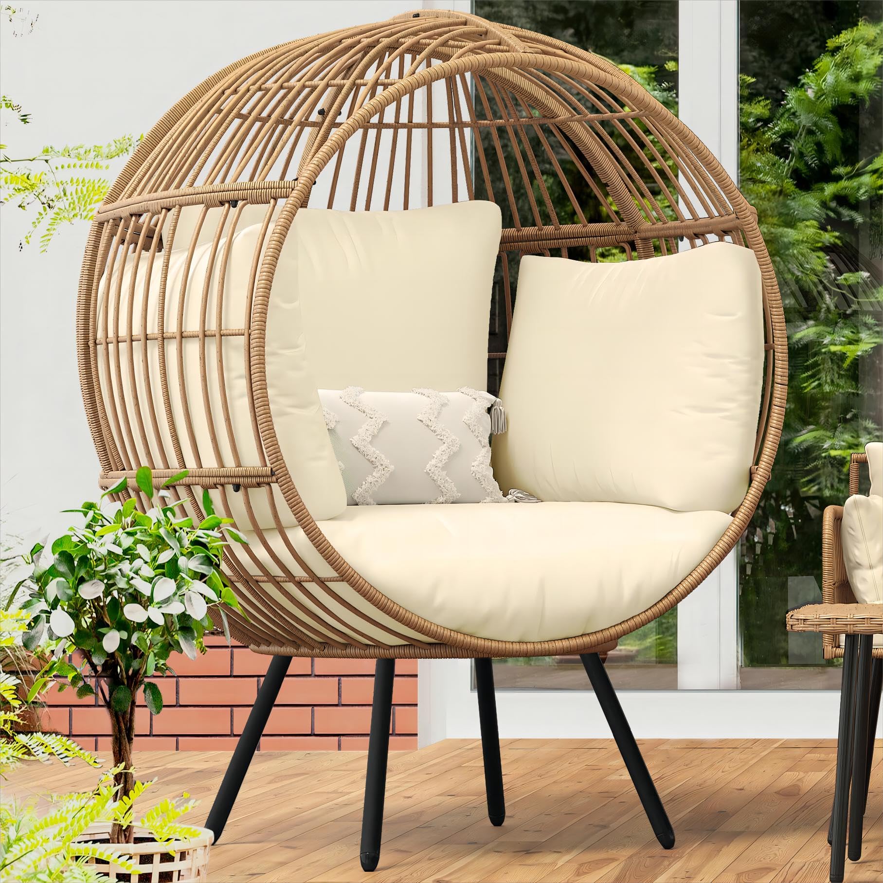 YITAHOME Egg Chair Wicker Outdoor Indoor, Oversized Lounger with 370lbs Capacity Large Egg Chairs with Stand Cushion Round Egg Basket Chair for Patio, Balcony, Bedroom - Beige