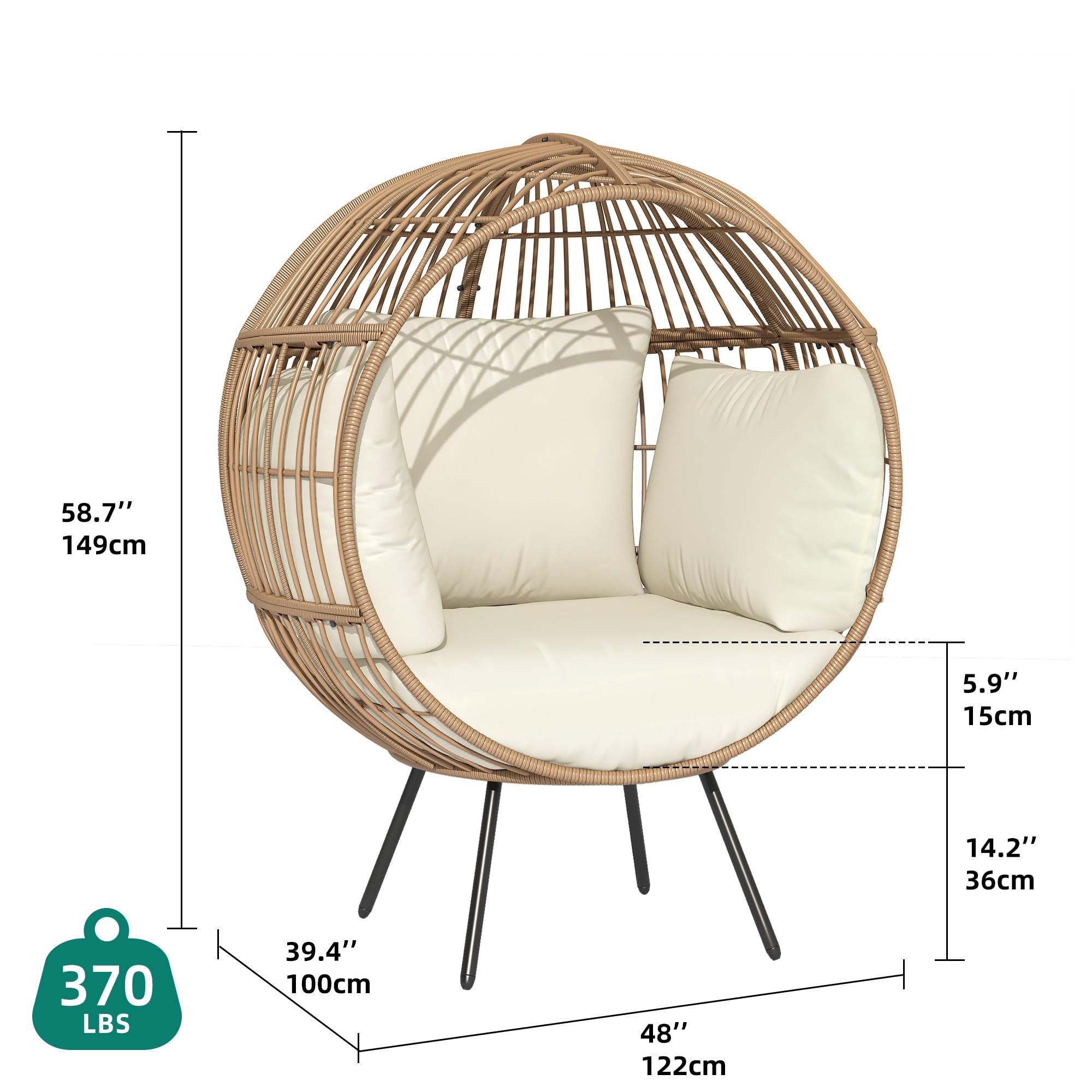 YITAHOME Egg Chair Wicker Outdoor Indoor, Oversized Lounger with 370lbs Capacity Large Egg Chairs with Stand Cushion Round Egg Basket Chair for Patio, Balcony, Bedroom - Beige