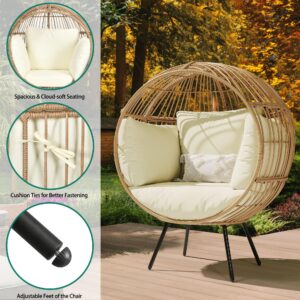 YITAHOME Egg Chair Wicker Outdoor Indoor, Oversized Lounger with 370lbs Capacity Large Egg Chairs with Stand Cushion Round Egg Basket Chair for Patio, Balcony, Bedroom - Beige