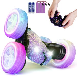 28℃ remote control car stunt rc cars, 4wd rechargeable rc truck with headlights wheel lights, double sided 360 flips stunt toy car for kids boys girls 6 year old christmas birthday gift (purple)